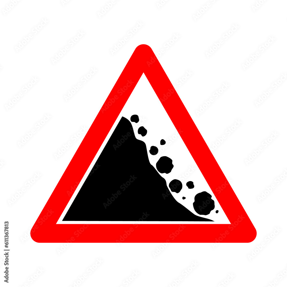 Falling stones sign. Warning road sign falling stones. Red triangle ...