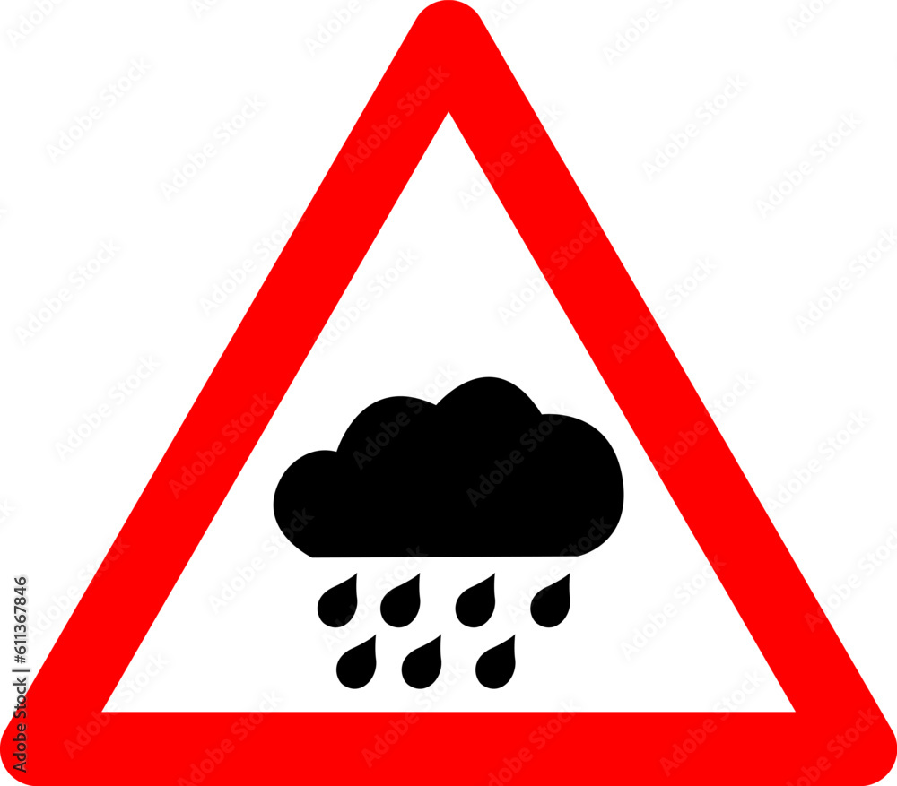 Rain sign. Rain warnings. Red triangle sign with rain cloud icon inside ...