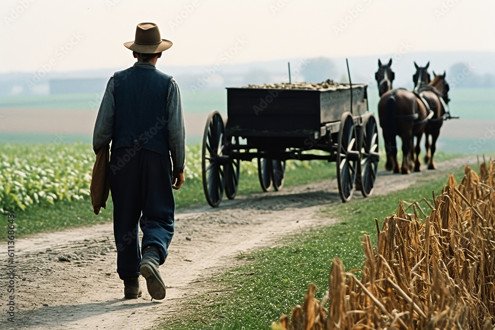 Amish Farmers in a Field. Generative AI. A digital rendering of an ...