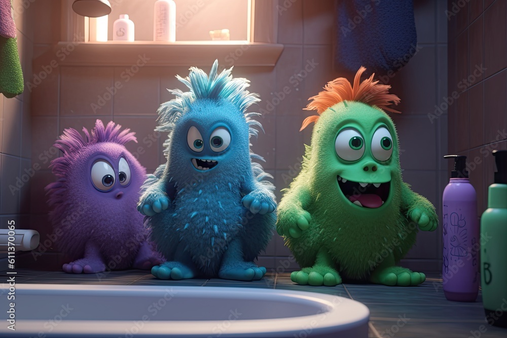 Cartoon cute monsters with funny faces in the bathroom. Generative AI ...