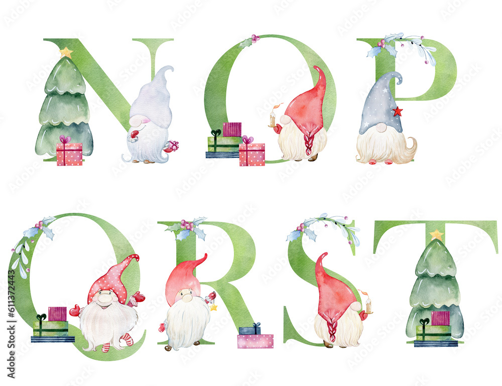 Watercolor christmas gnomes letters for invitation card, nursery poster ...