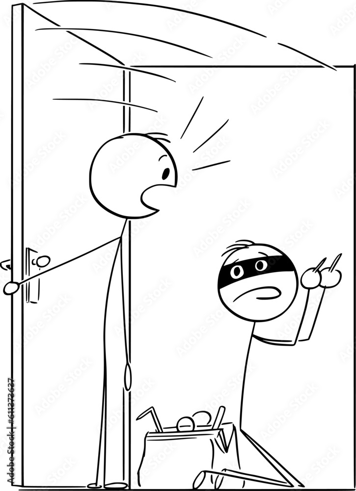 Vetor de Burglar or Thief Opening Door , Vector Cartoon Stick Figure ...