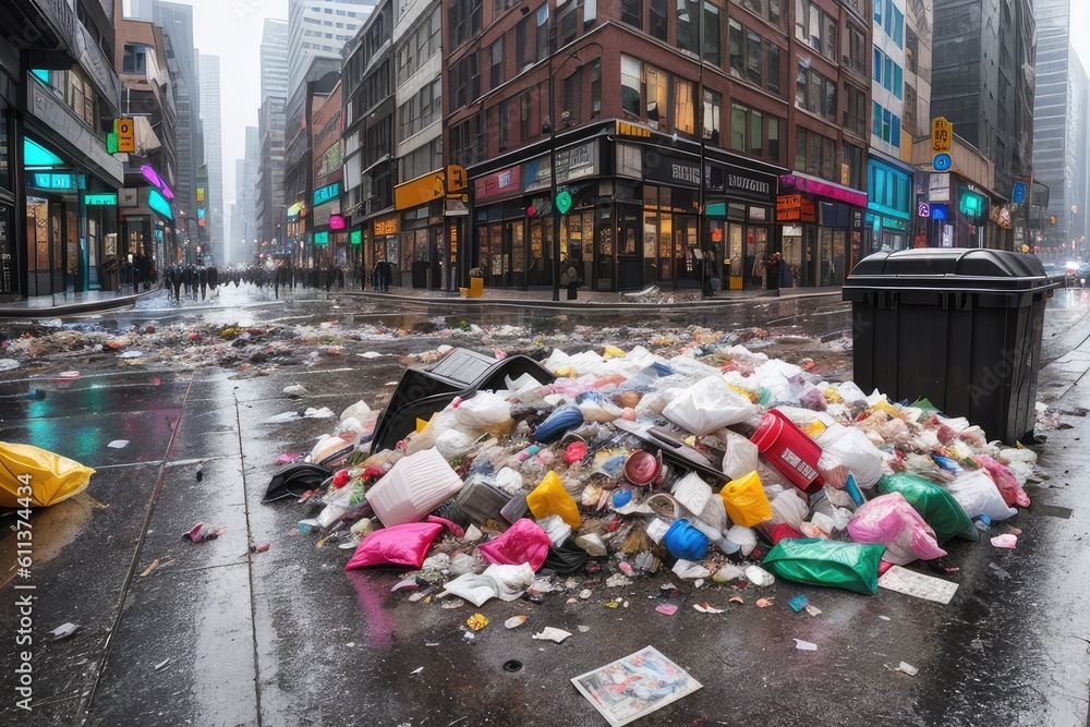 lot of garbage on sidewalk on city street, garbage dump after the ...