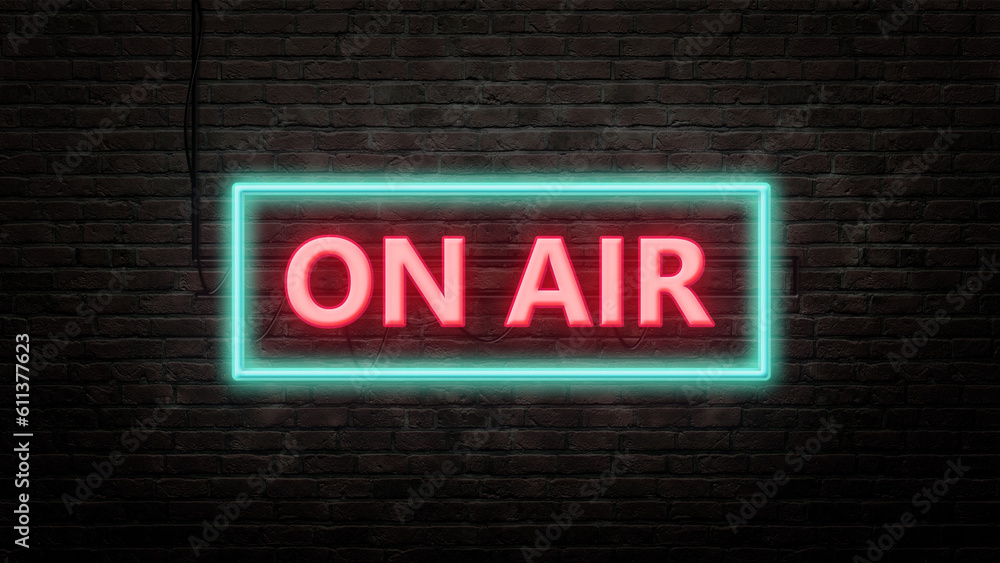 on air sign emblem in neon style on brick wall background Stock Photo ...