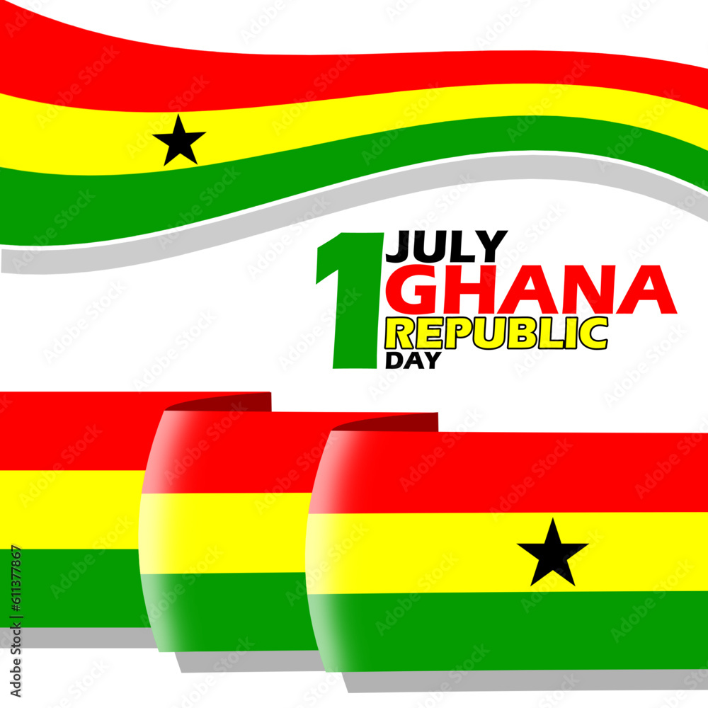 Ghana flag with black star, ribbons and bold text on white background ...