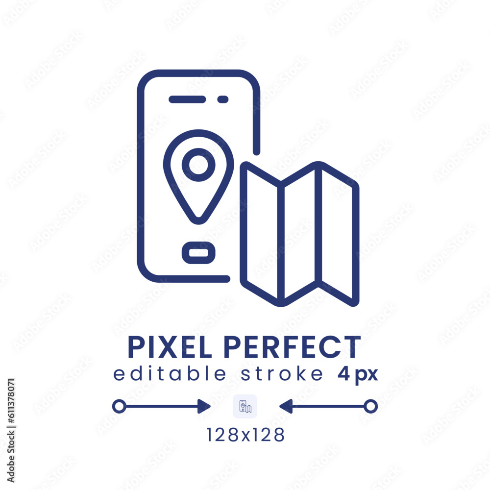 Navigation app linear desktop icon. Offline map. Driving directions ...