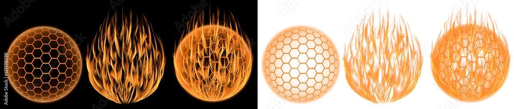 hexagon sphere with fire flame burn transparent background Stock ...