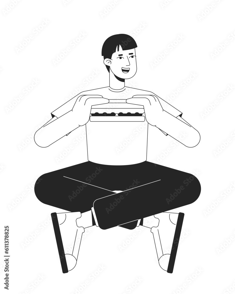 Guy eating sandwich in legs crossed posture flat line black white ...