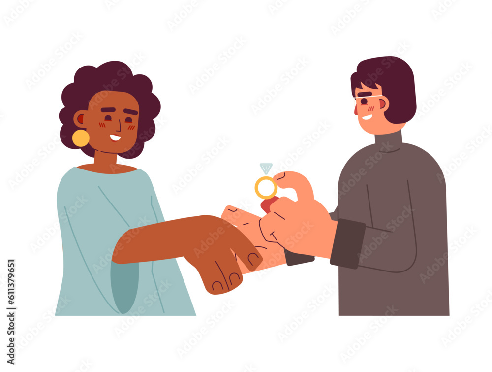 Engagement proposal flat concept vector spot illustration. Asian man ...