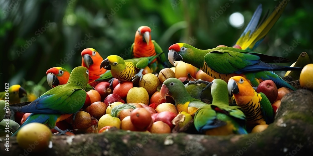 Parrots squabble cheerfully over a pile of fruit, their bright colors a ...