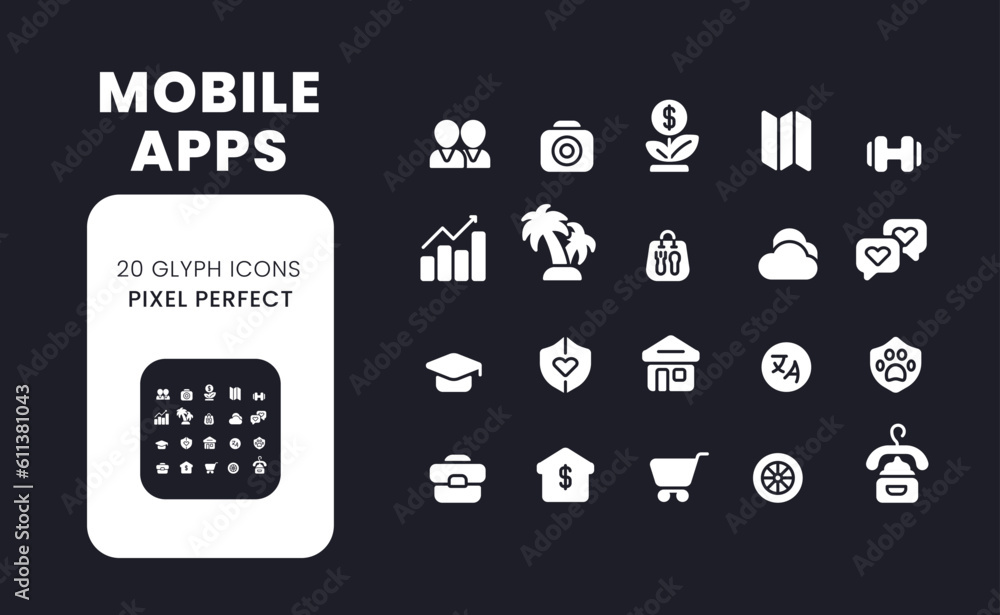 Mobile apps white solid desktop icons set. Digital business. Social ...