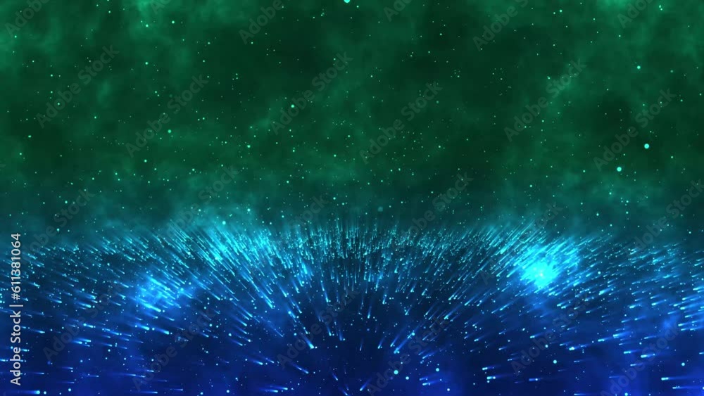 Abstract blue crystal particles moving on a blue dust space background ...
