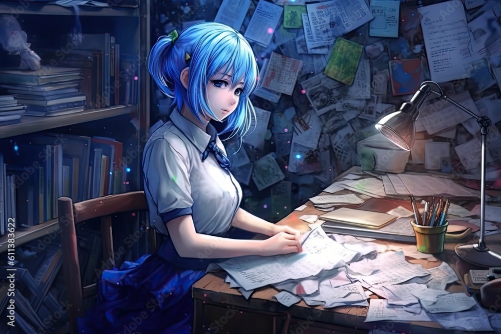very adorable blue haired anime cartoon teacher woman illustration ...
