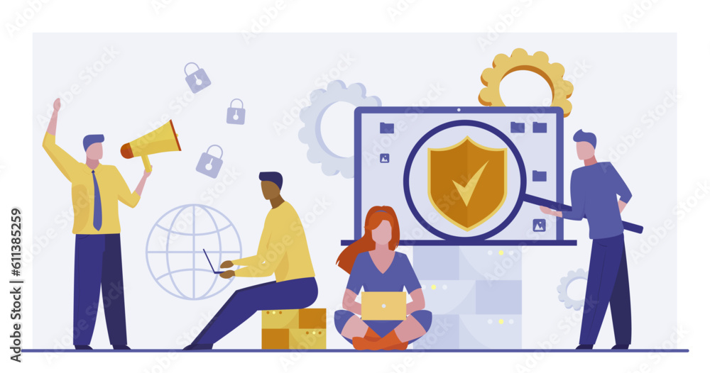 Programmers checking data safety vector illustration. Cartoon drawing ...