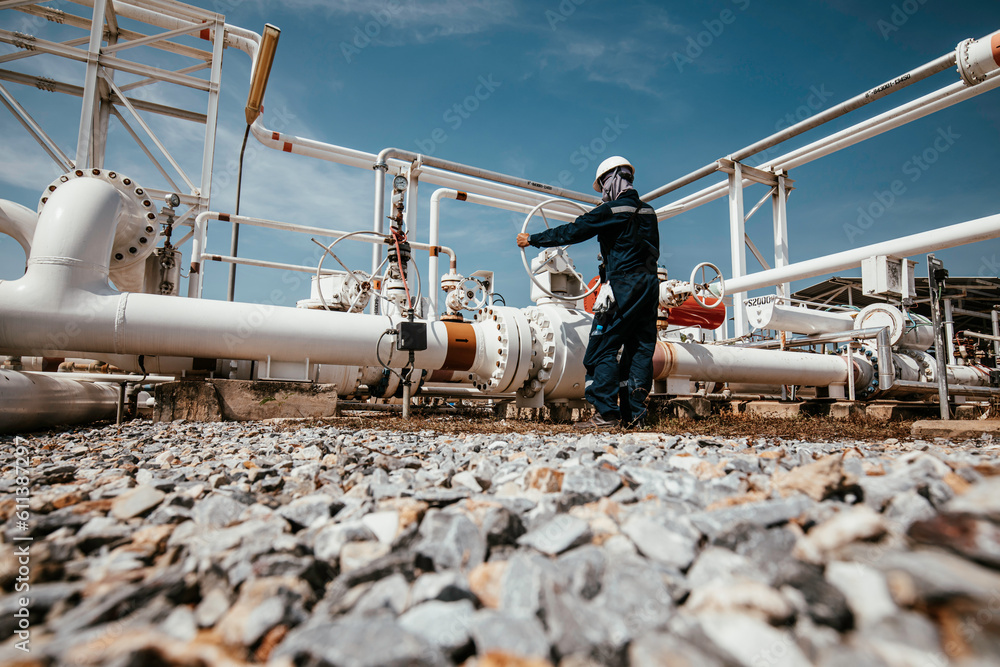 Production operator opening ball valve at pipeline oil and gas wellhead ...