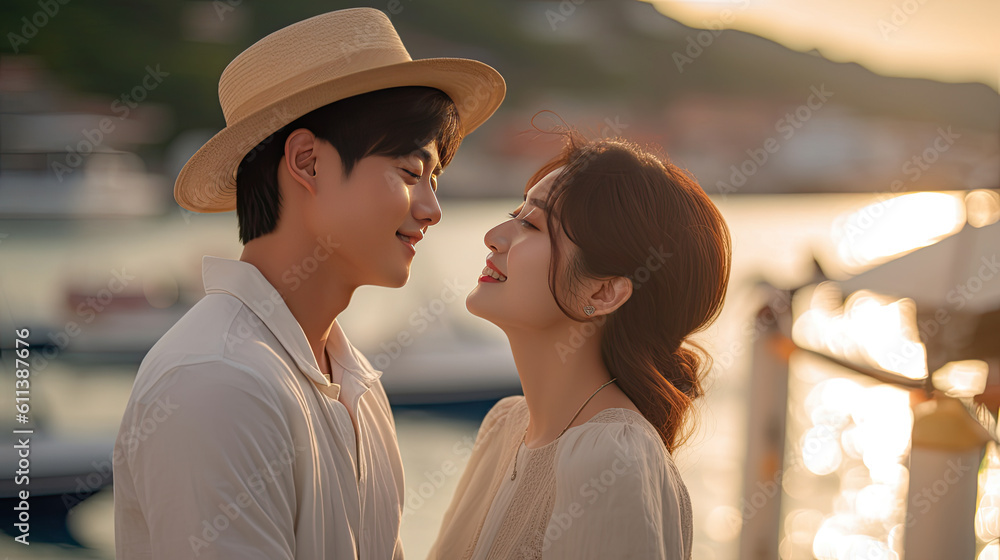 Korean couple in love. couple on the beach. Smiling couple holding ...