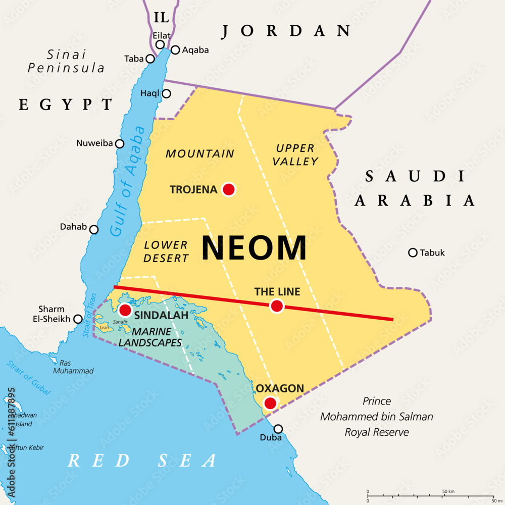 Regions and places of NEOM, political map. Planned smart city in Tabuk ...