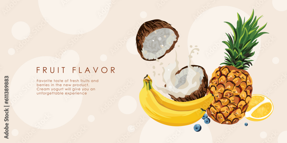Fruit background summer fruit pineapple, banana, coconut banner, juice ...