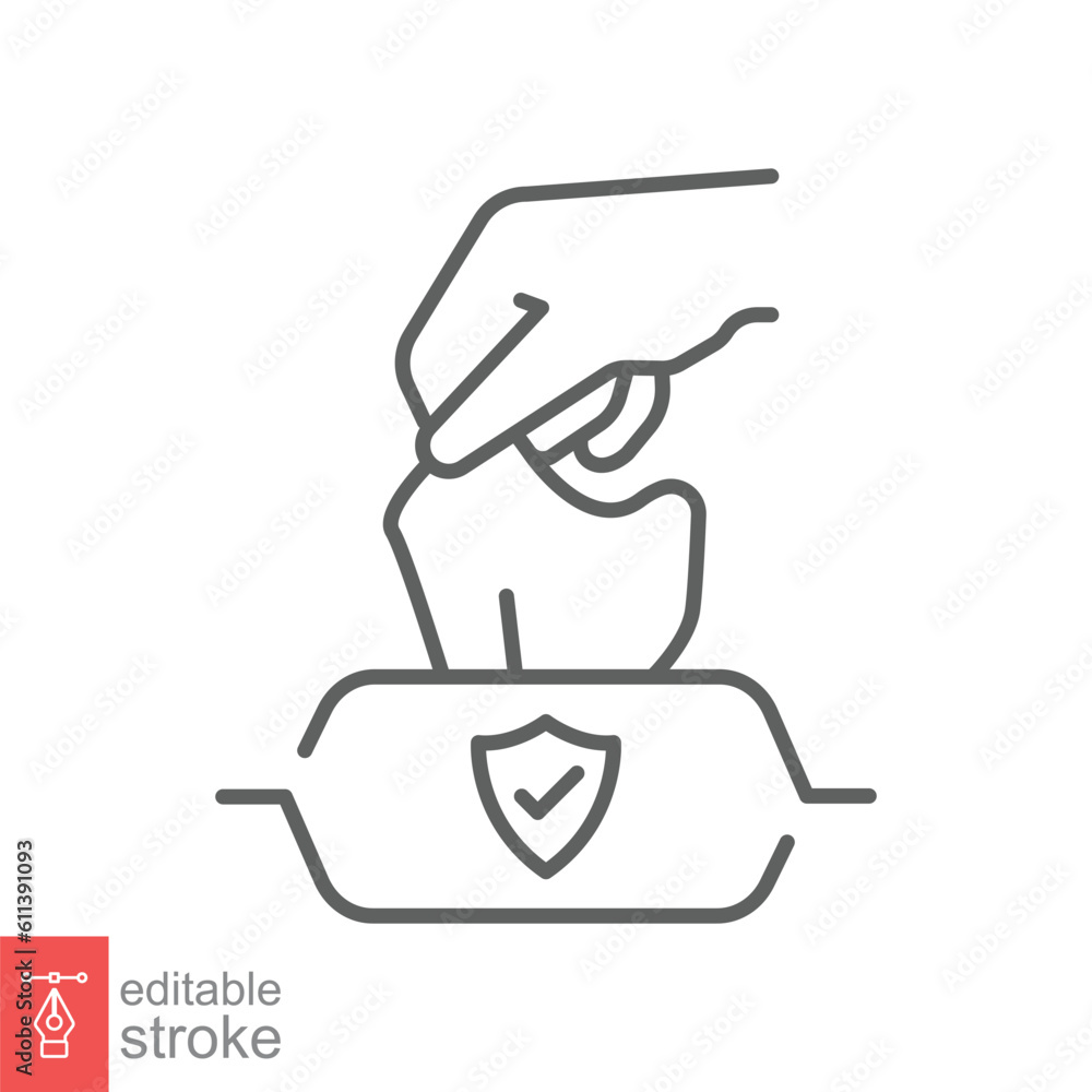 Hand pulling wet tissue icon. Simple outline style. Hand tissues box ...