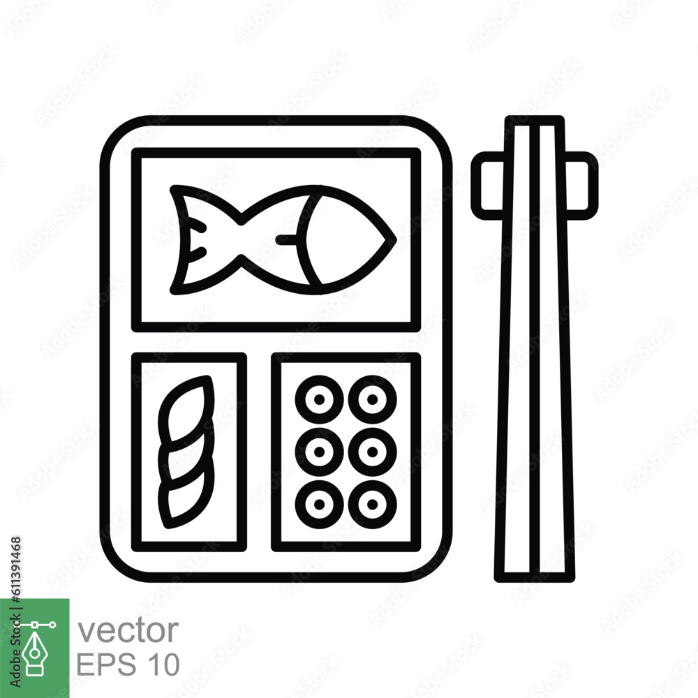 Bento icon. Simple outline style. Japanese lunchbox, chopsticks, rice ...