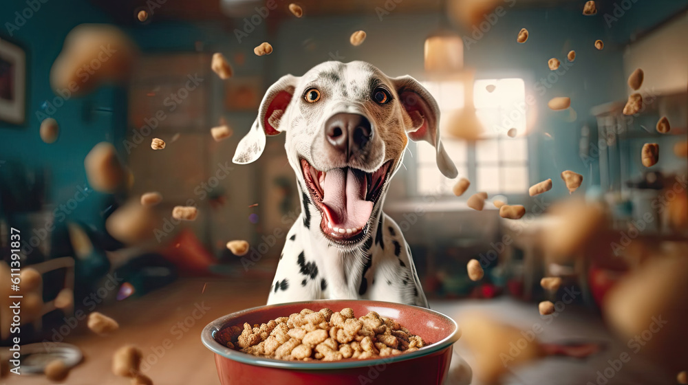 Domestic life with pet. Feeding hungry dog. The owner gives his dog a ...