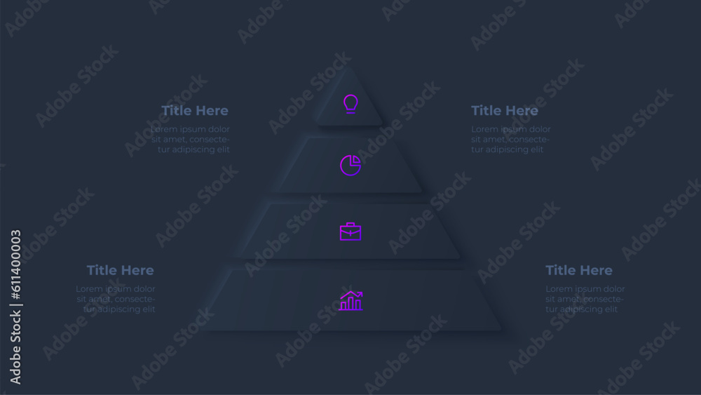 Dark neumorphic infographic pyramid. Business data visualization with 4 ...