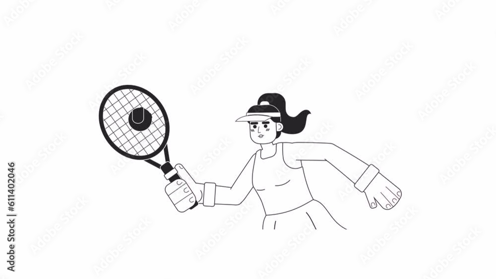 Animated bw tennis player ball. Young hispanic woman playing tennis ...
