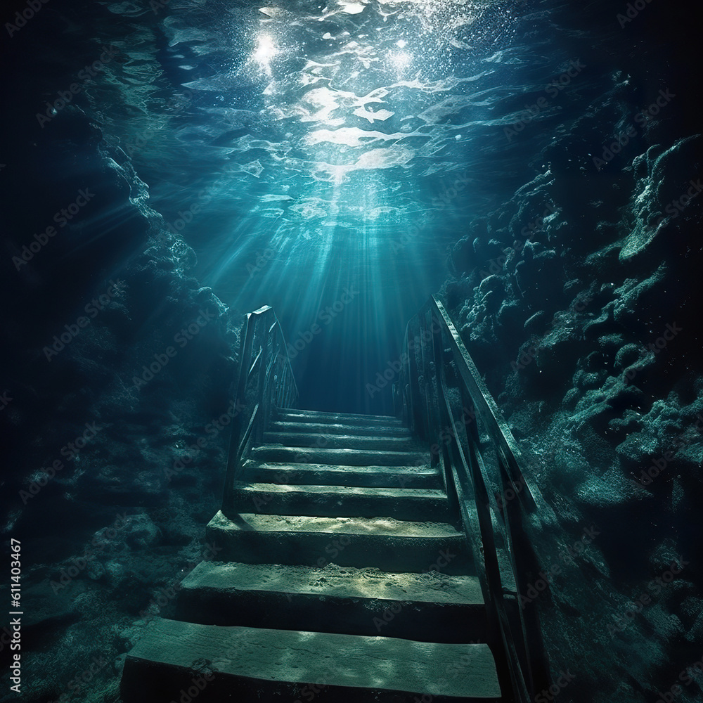 Rock cave with hole through which light shines underworlds. Deep water ...
