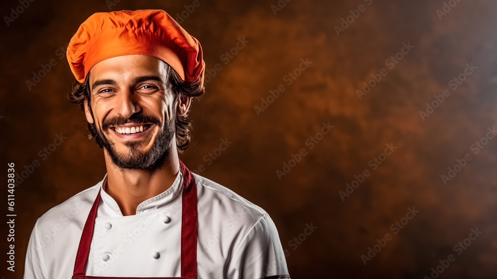 Portrait of smiling italian male chef, on a solid background, copy ...