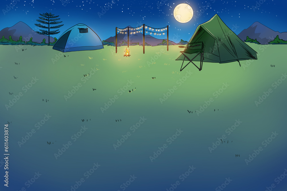 Camp at night with camp fire at the mountain and Full moon background ...