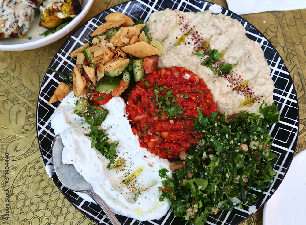Mediterranean mezze starter platter with hummus, baba ghanoush, labneh, yogurt, ezme, red pepper ...