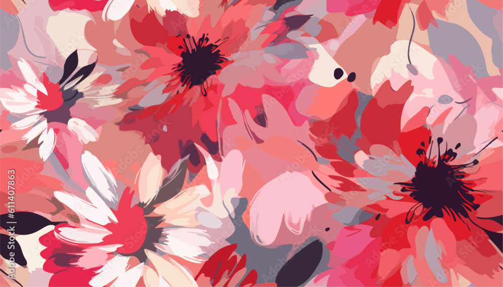 Colorful acrylic Painted Pink and red flowers pattern, Cute hand drawn ...