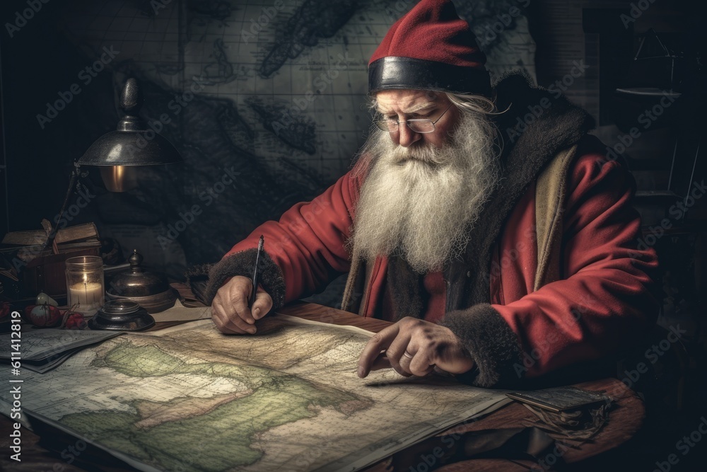 Santa planning his trip around the world - Illustration created with ...