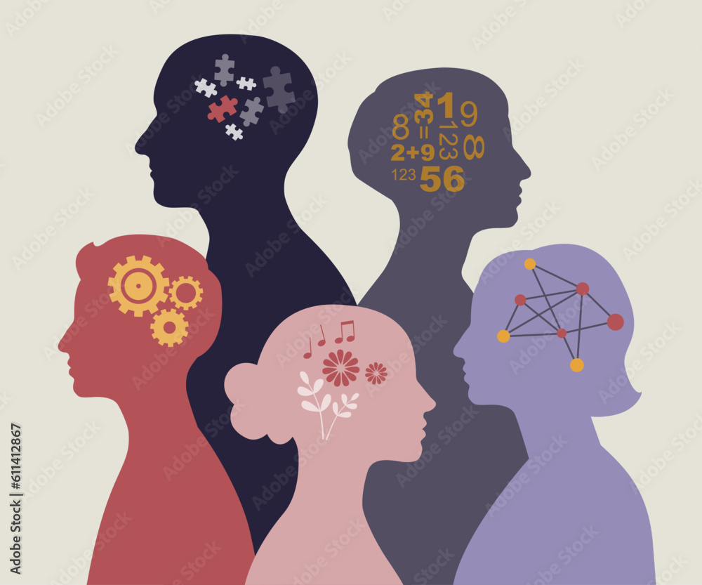 Neurodiversity illustration. People with different mindsets or ...