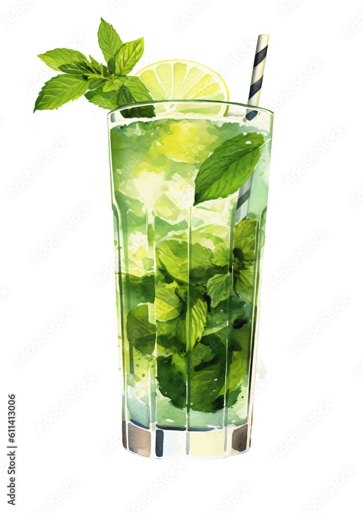 Mojito cocktail in watercolor design isolated on transparent background ...
