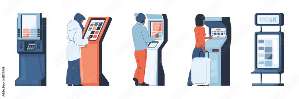 People at digital kiosk. Man and woman at ticket kiosk and online ...