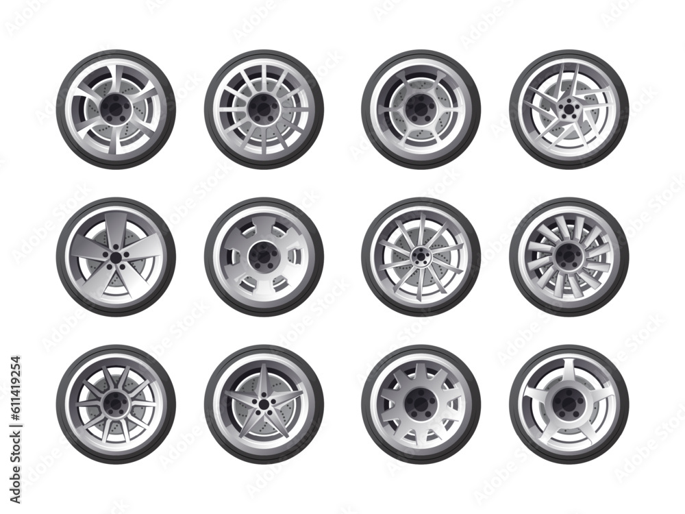 Cartoon car wheels. Round car wheels with tyre rubber and rims ...