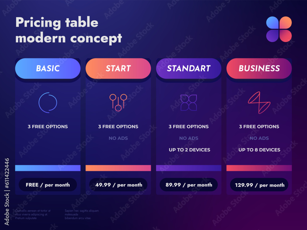 Vetor de Subscription plan. Comparising table with standard feature versions and prices ...