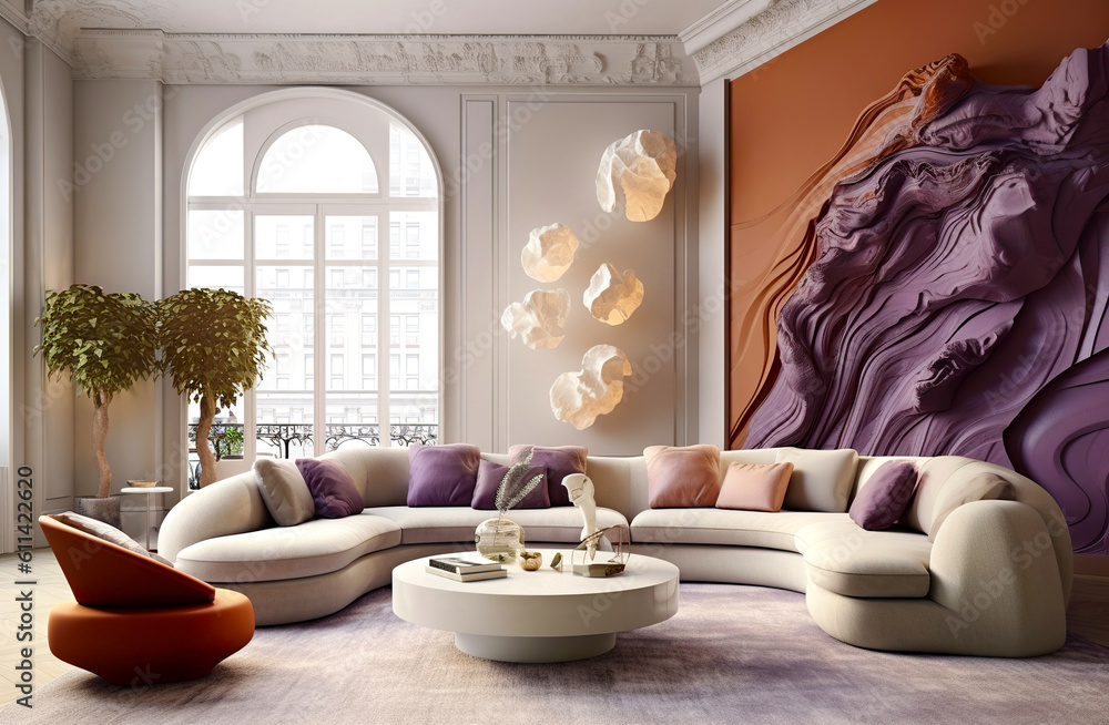 Rounded corners sofa in classic room with abstract 3d panel wavy wall ...