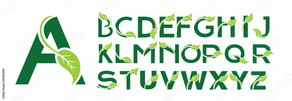 simple bold green leaves textured natural font realistic garden letters ...