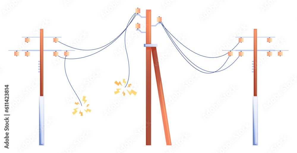 Electric line damage. Electrical power line towers with cut wires ...