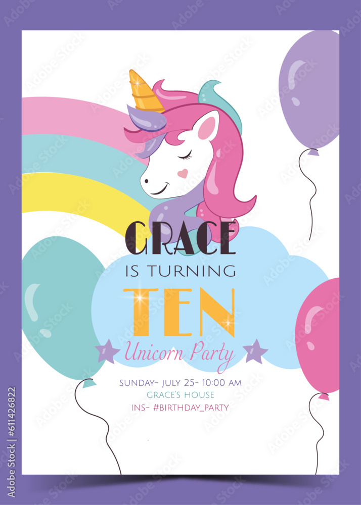 10 years.Birthday card with Unicorn elements design. Turning ten years ...