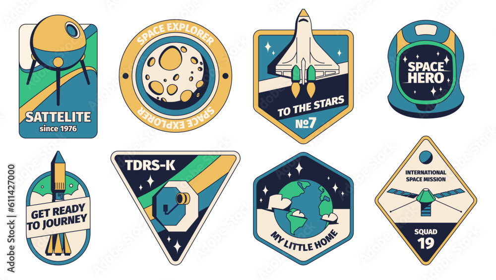 Space patch. Retro rocket sticker with astronaut logo, vintage cosmos ...