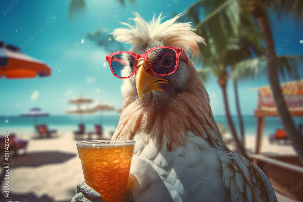 Image portrait of a realistic happy chicken sitting in a beach cafe ...