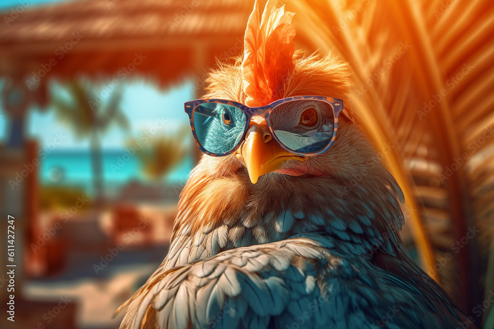 Image portrait of a realistic happy chicken resting on a beach resort ...