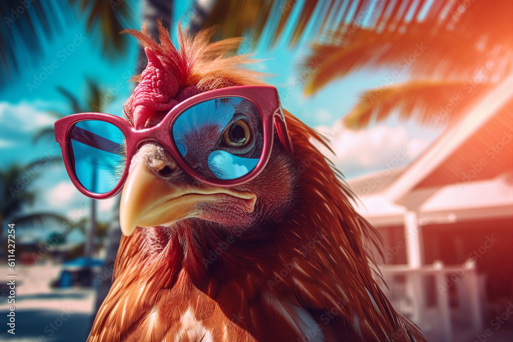 Image portrait of a realistic stylish happy cool chicken relaxing on a ...