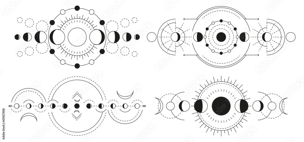 Moon phases magic geometry. Full moon crescent and gibbous icons ...