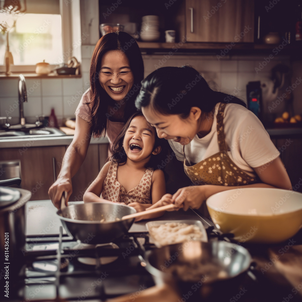 Mother,grandmother and daughter helping each other to cook in the ...