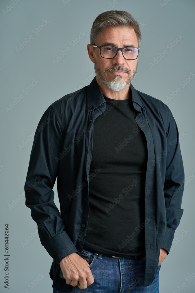 Portrait of happy casual older bearded man with glasses and gray hair ...