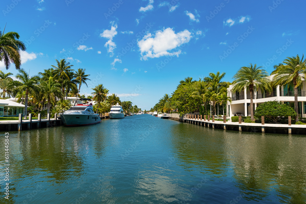 picturesque seaside summer destination with canal in harbor. Seaside ...